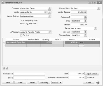 CenterPoint® Accounting for Agriculture - Enter a Vendor Invoice