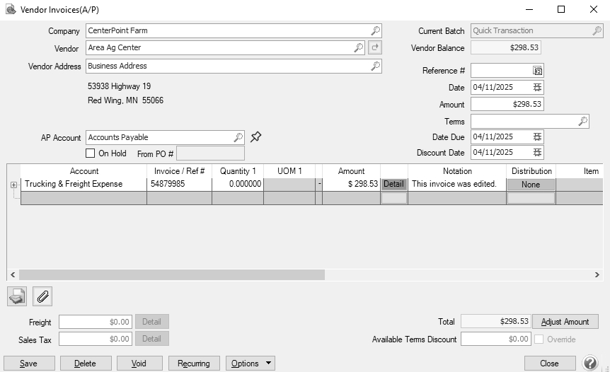 CenterPoint® Accounting for Agriculture - Edit an Accounts Payable ...