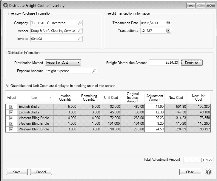 CenterPoint® Accounting - Distribute Freight Cost to Inventory