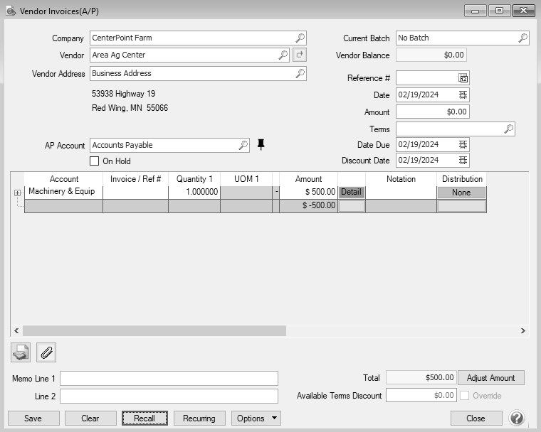 CenterPoint® Accounting for Agriculture - Enter a Vendor Invoice
