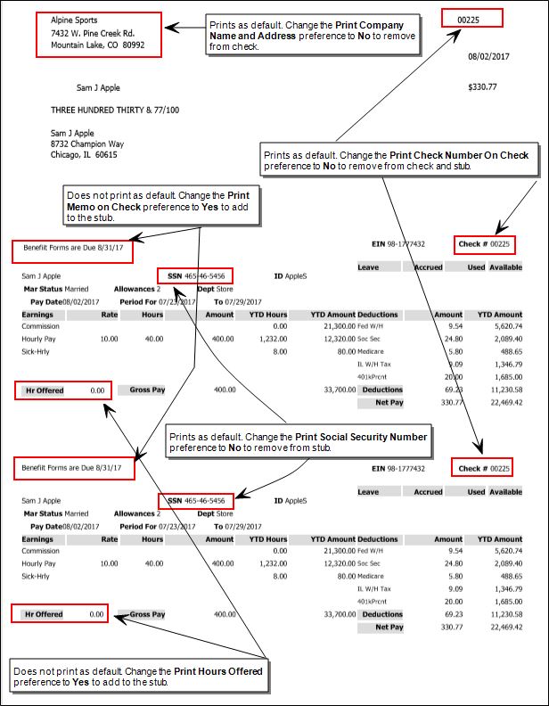 Check Type and Stub Type Examples for Payroll Check/Stub/Stub (Alternate)